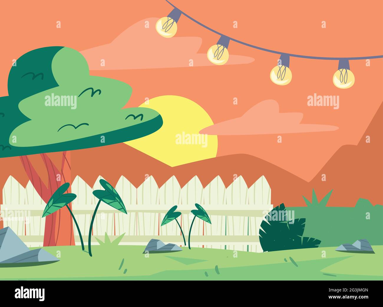 backyard fence and lights scene Stock Vector Image & Art - Alamy