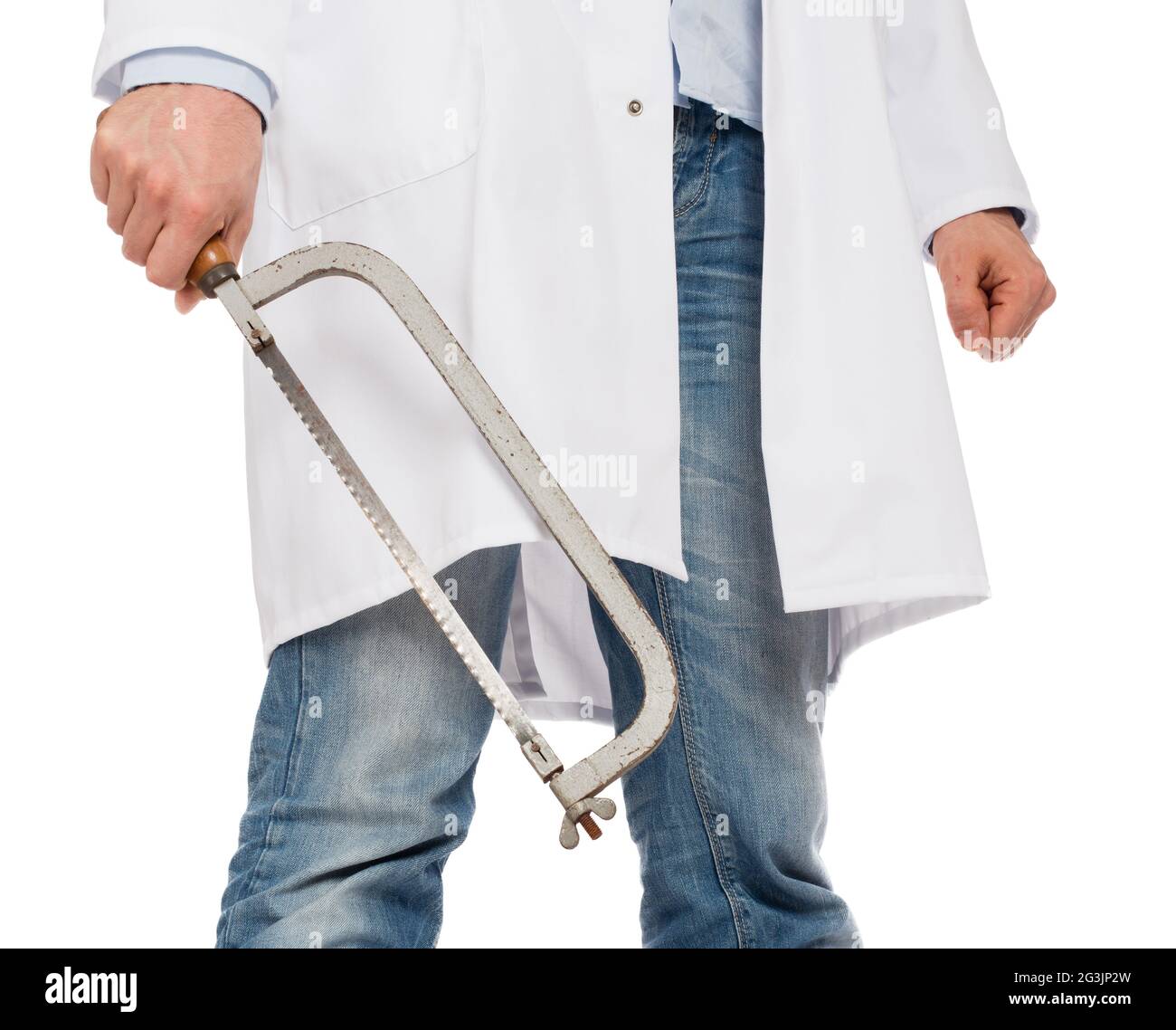 Crazy doctor is holding a big saw in his hands Stock Photo - Alamy