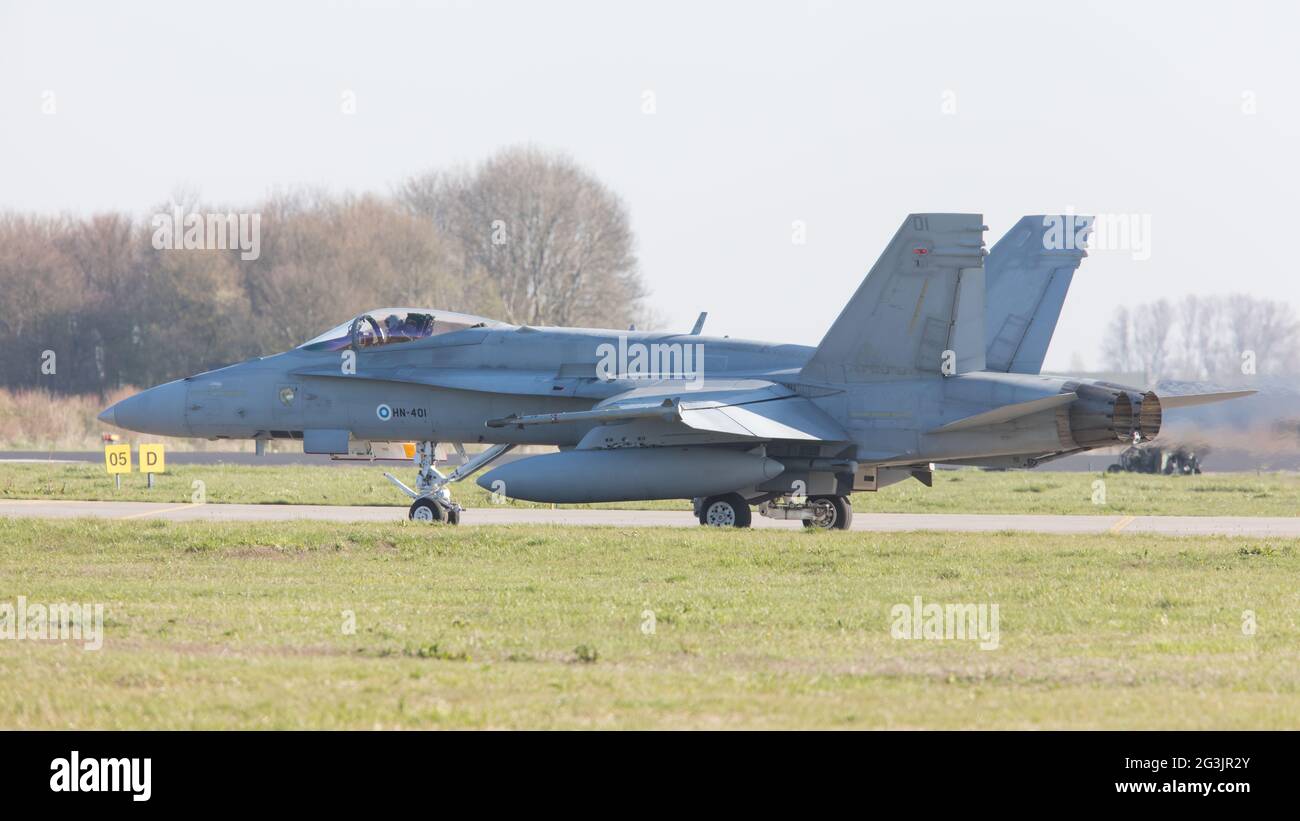 LEEUWARDEN, NETHERLANDS - APRIL 11, 2016: Finish Air Force F-18 Hornet ...