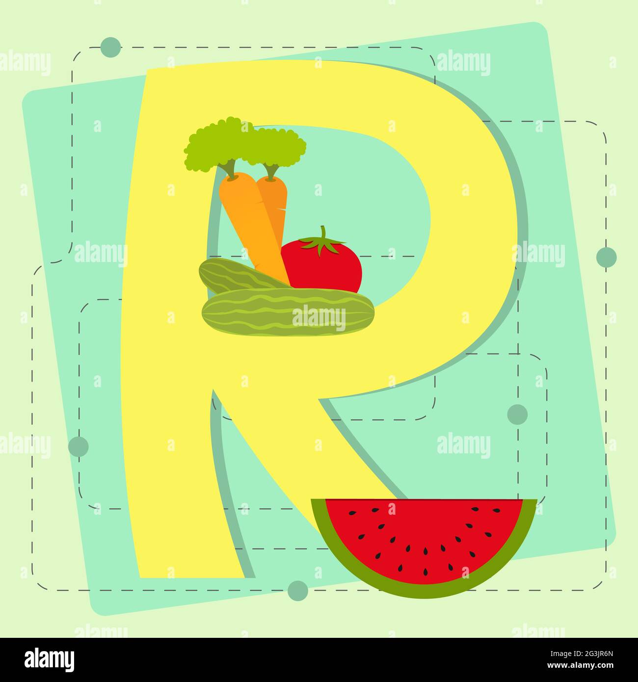 Letter "r" from stylized alphabet with fruits and vegetables: tomato ...