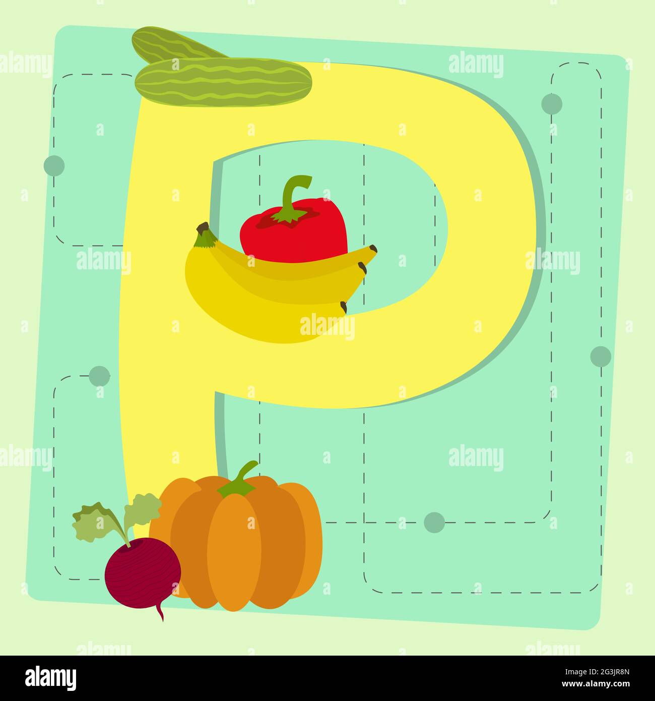 Letter "p" from stylized alphabet with fruits and vegetables: banana ...
