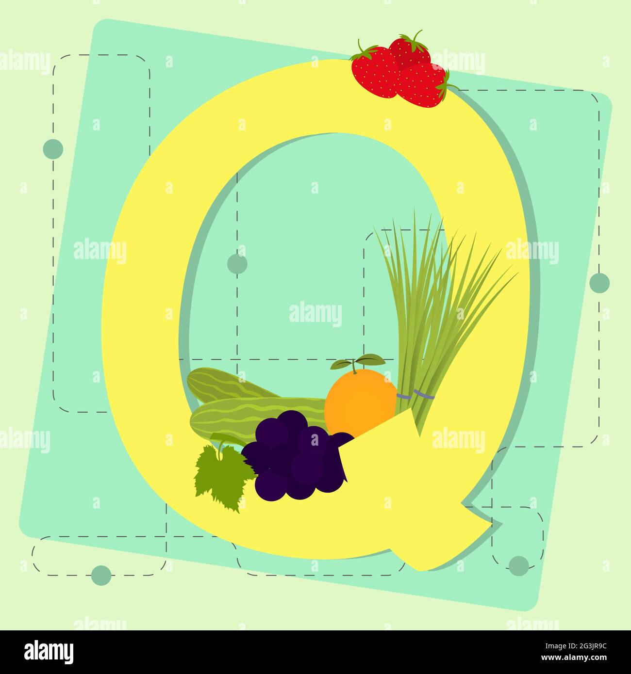 Letter "q" from stylized alphabet with fruits and vegetables: grape ...