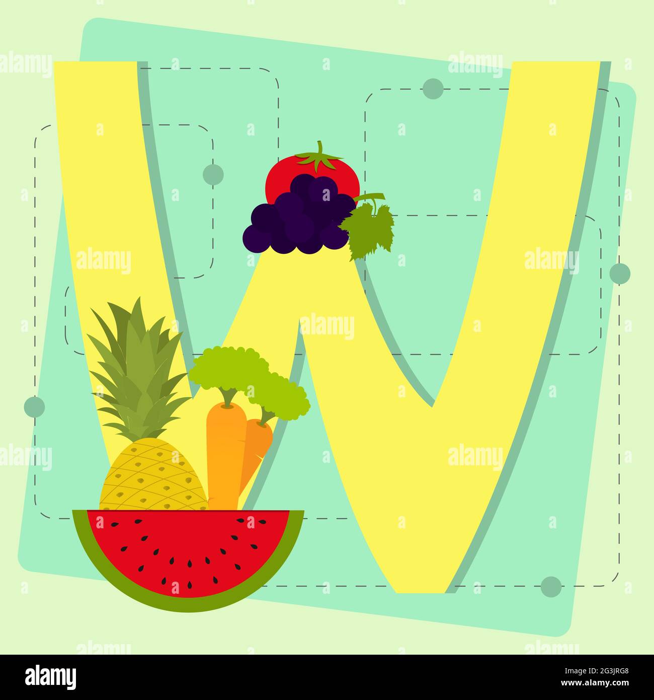 Letter "w" from stylized alphabet with fruits and vegetables: grape ...