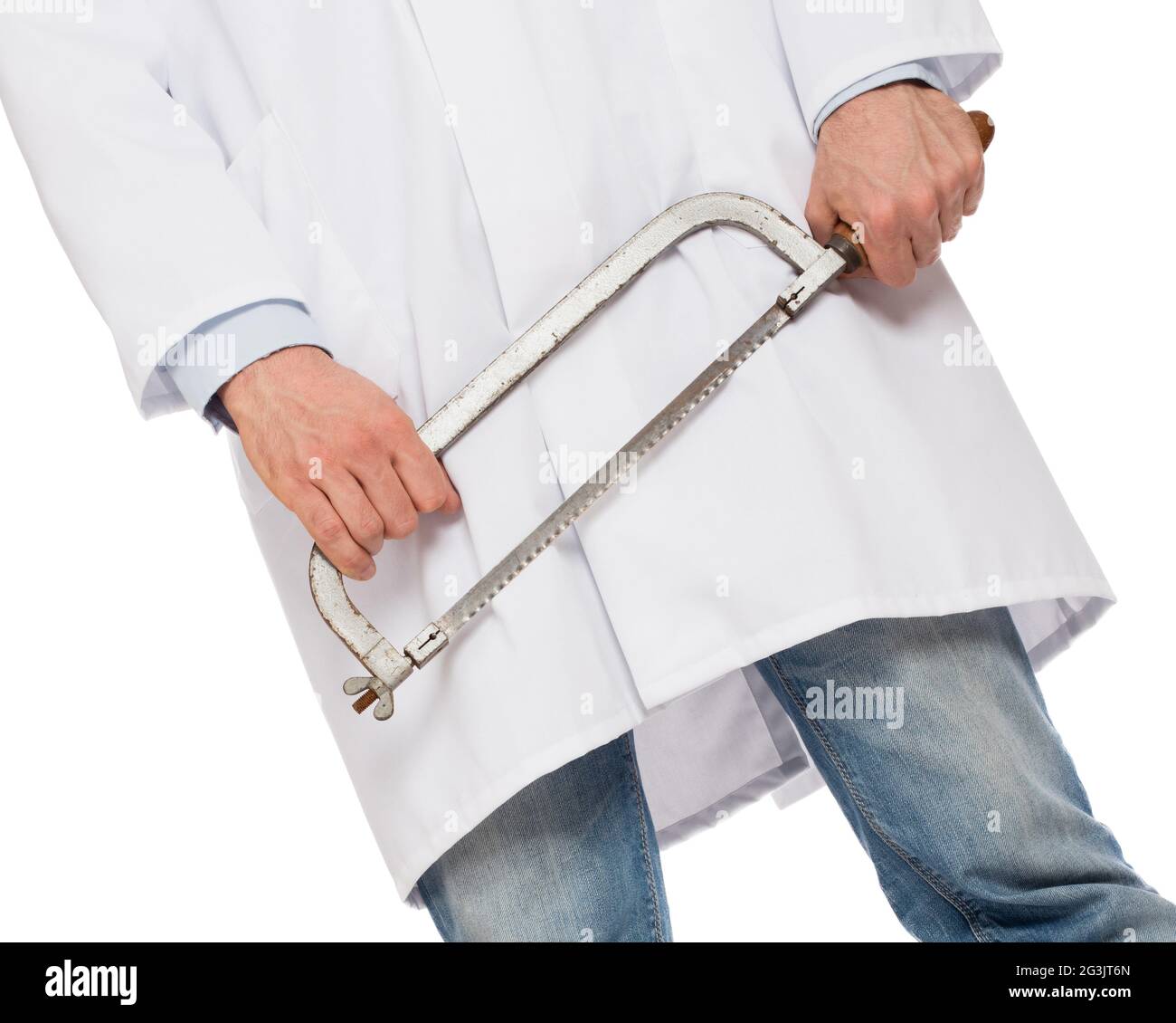 Crazy doctor is holding a big saw in his hands Stock Photo - Alamy