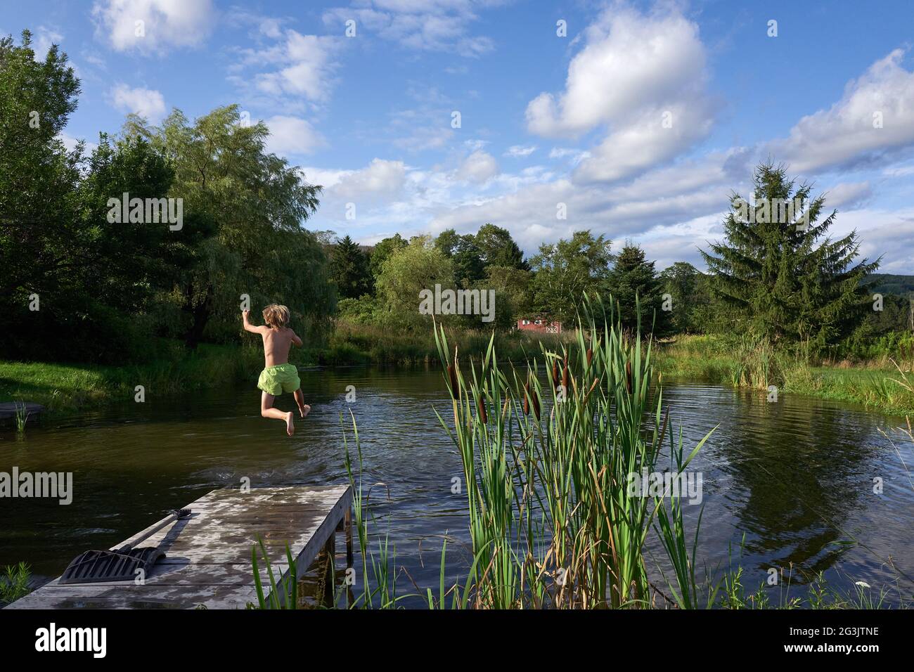 Boy jumping into pond Stock Photo - Alamy