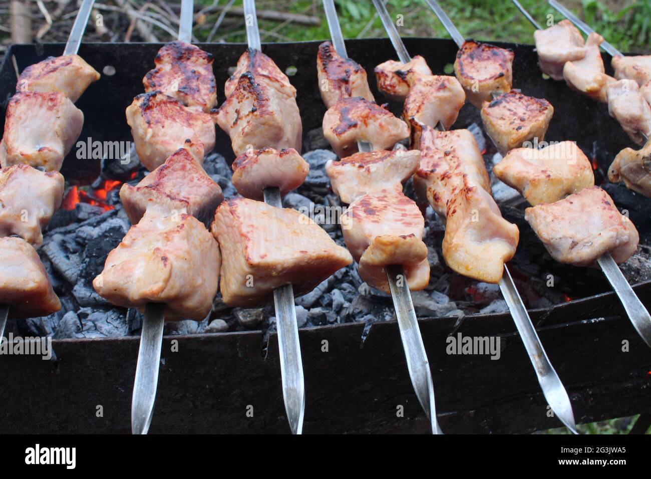 Cooking meat on coals. picnic. barbecue. Food in nature Stock Photo - Alamy
