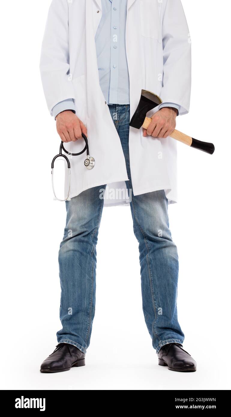 Evil medic holding a small axe and stethoscope Stock Photo - Alamy