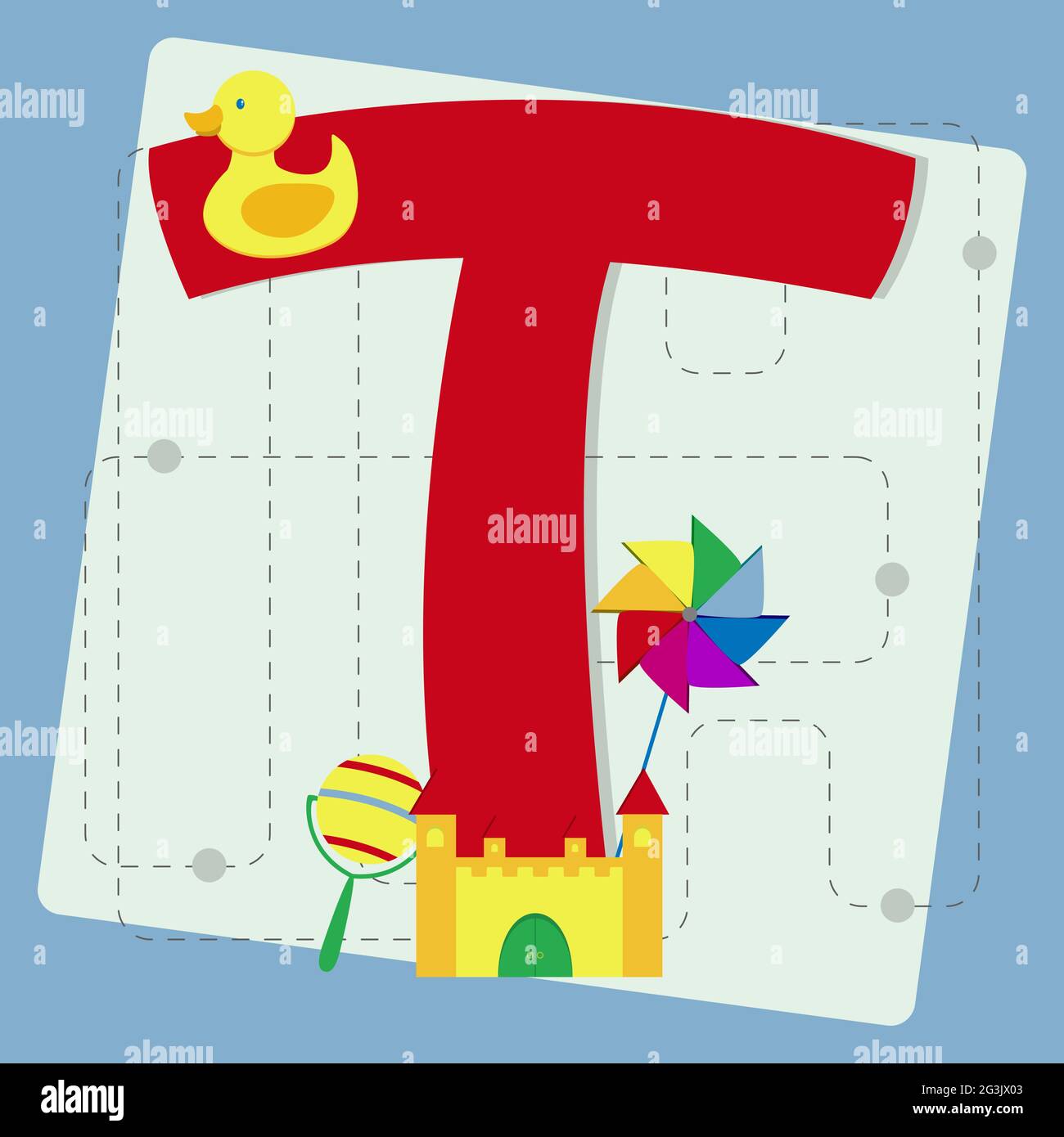 Letter "t" from stylized alphabet with children's: rattle, toy castle ...