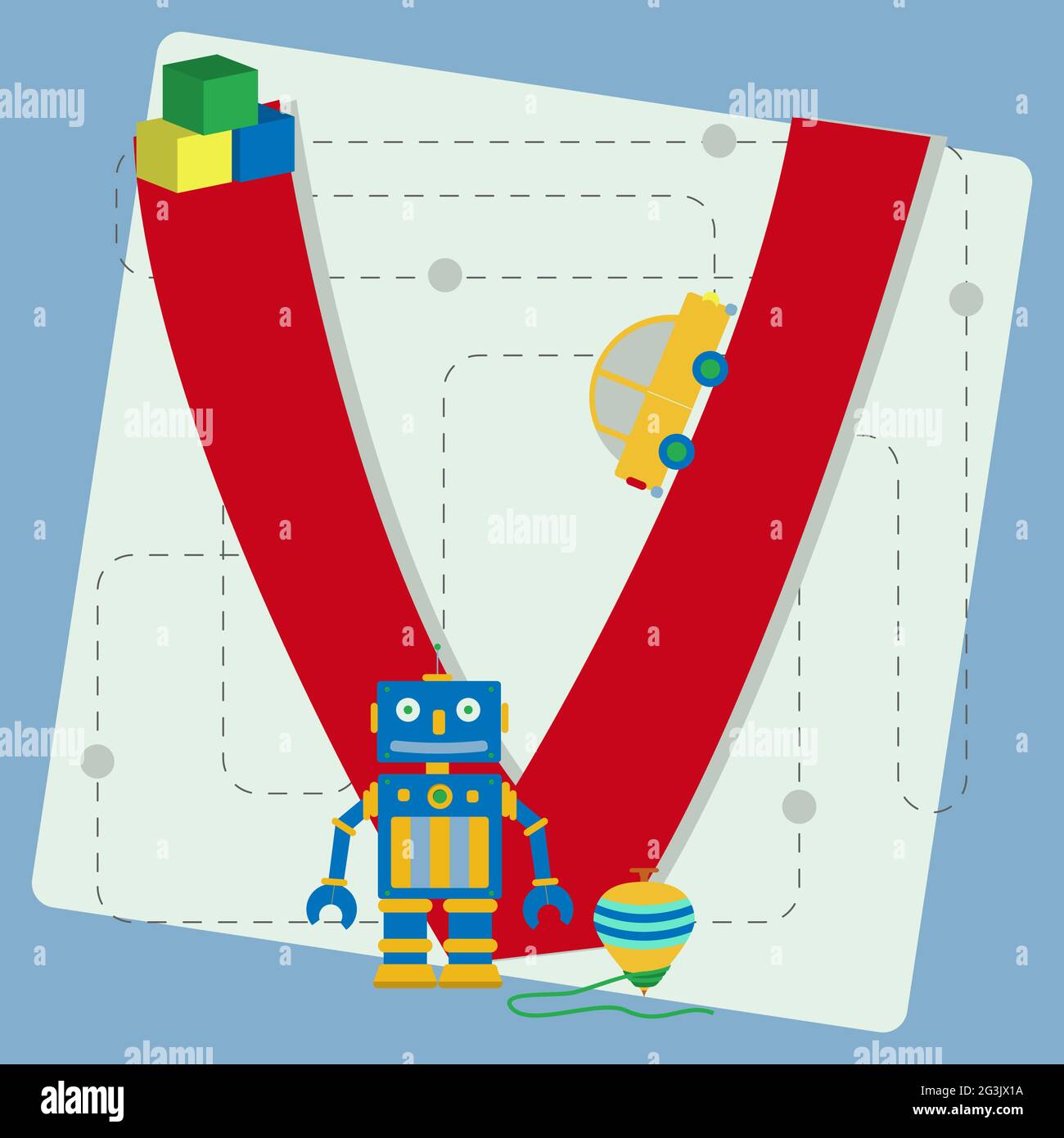 Letter "v" from stylized alphabet with children's: cubes toy, robot toy ...