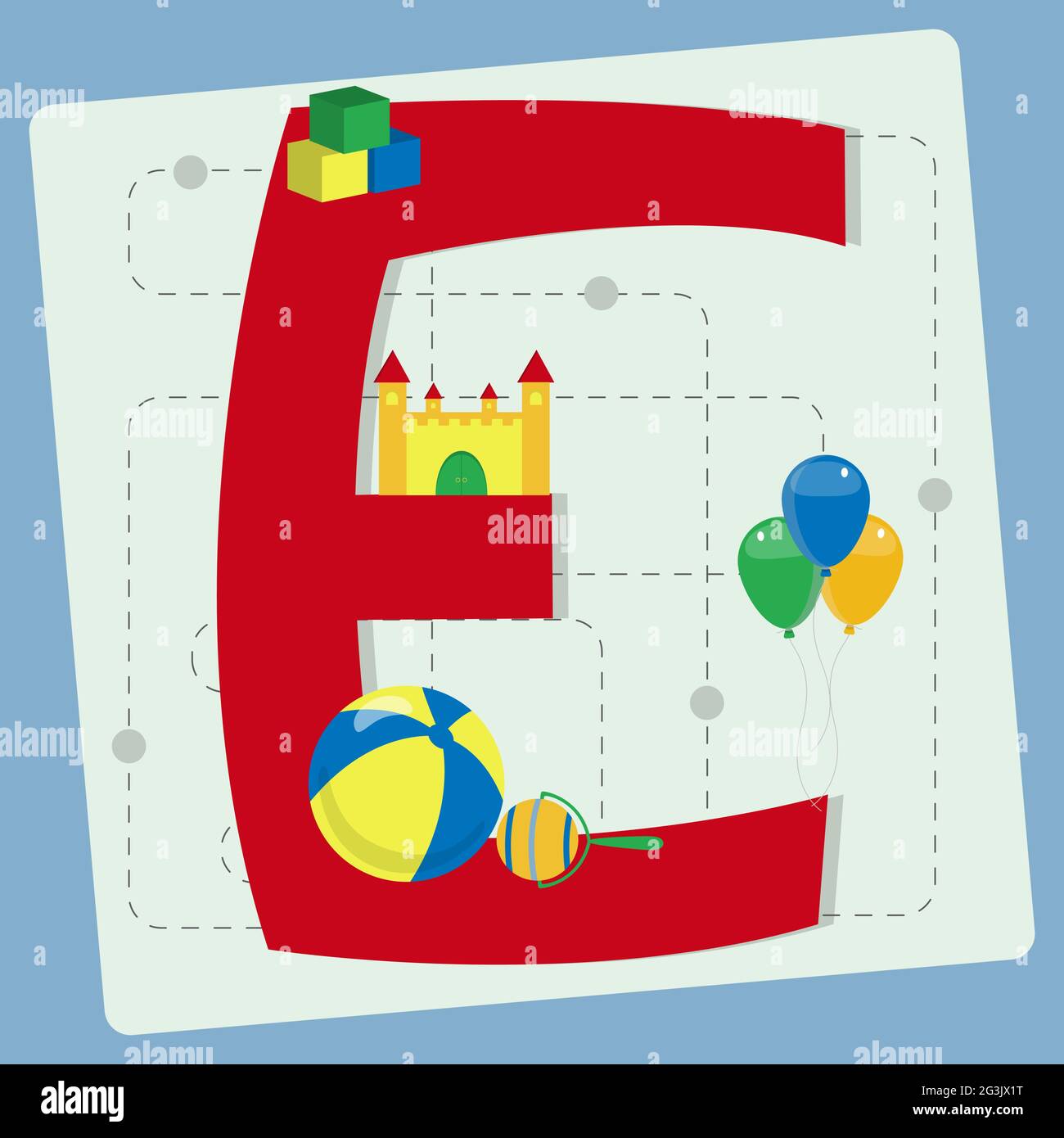 Letter "e" from stylized alphabet with children's toys: ball, rattle ...