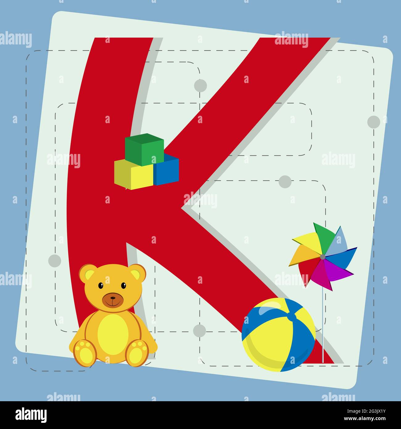 Letter "k" from stylized alphabet with children's: cubes toy, teddy ...