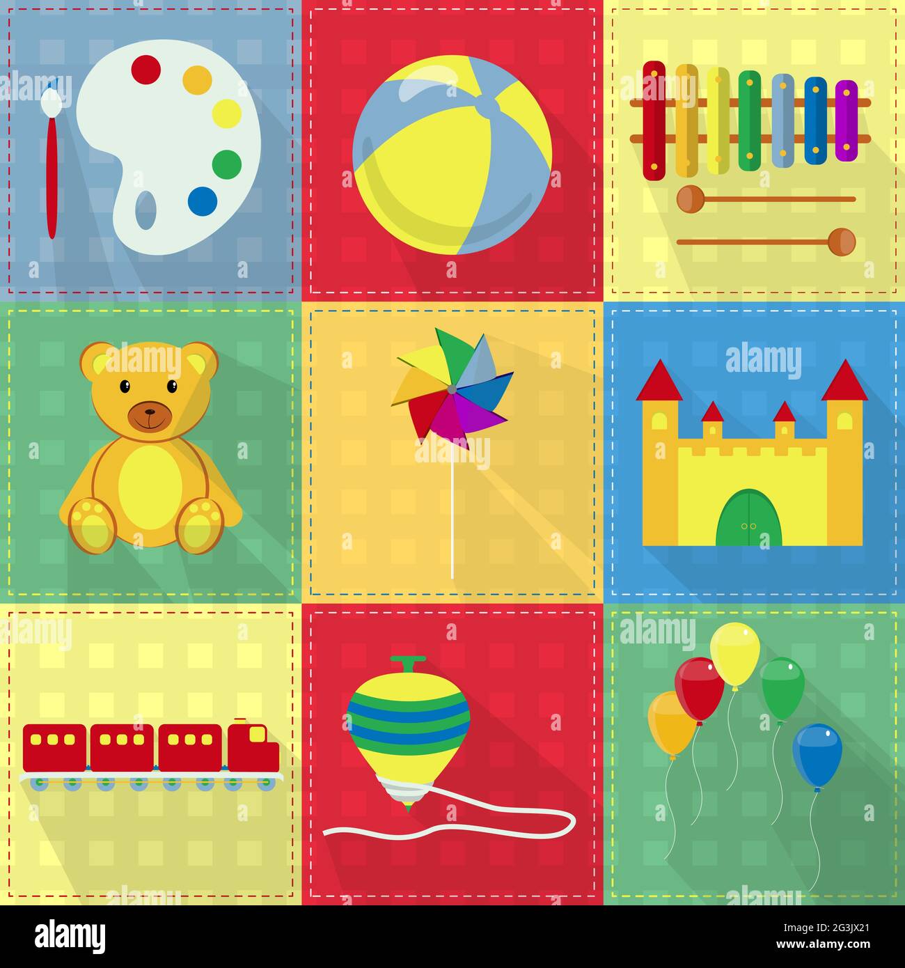 Nine colorful toy icons with watercolor, ball, xylophone, teddy bear ...