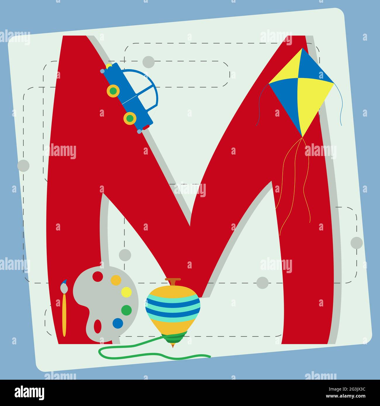 Letter "m" from stylized alphabet with children's: kite, toy car, brush ...
