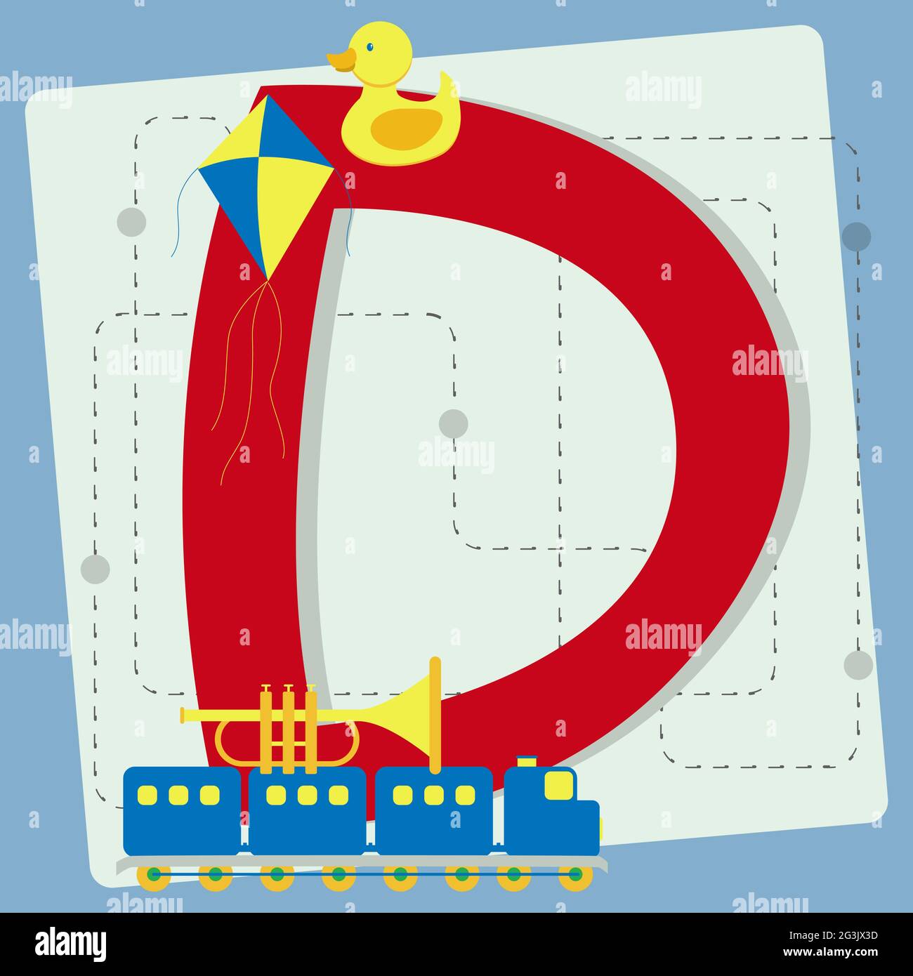 Letter "d" from stylized alphabet with children's toys: toy train ...