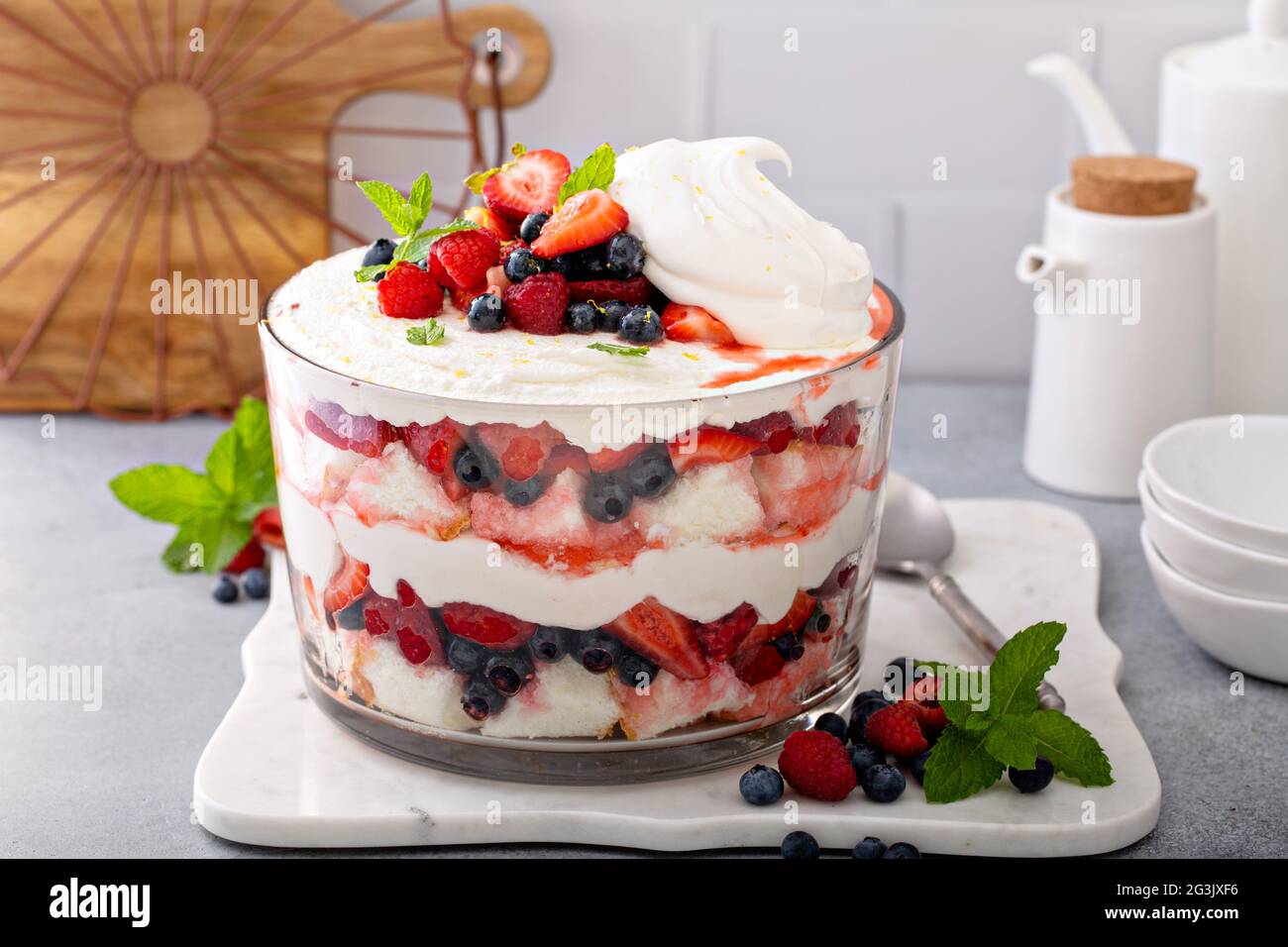 Summer berry trifle with angel food cake in a large bowl Stock Photo ...
