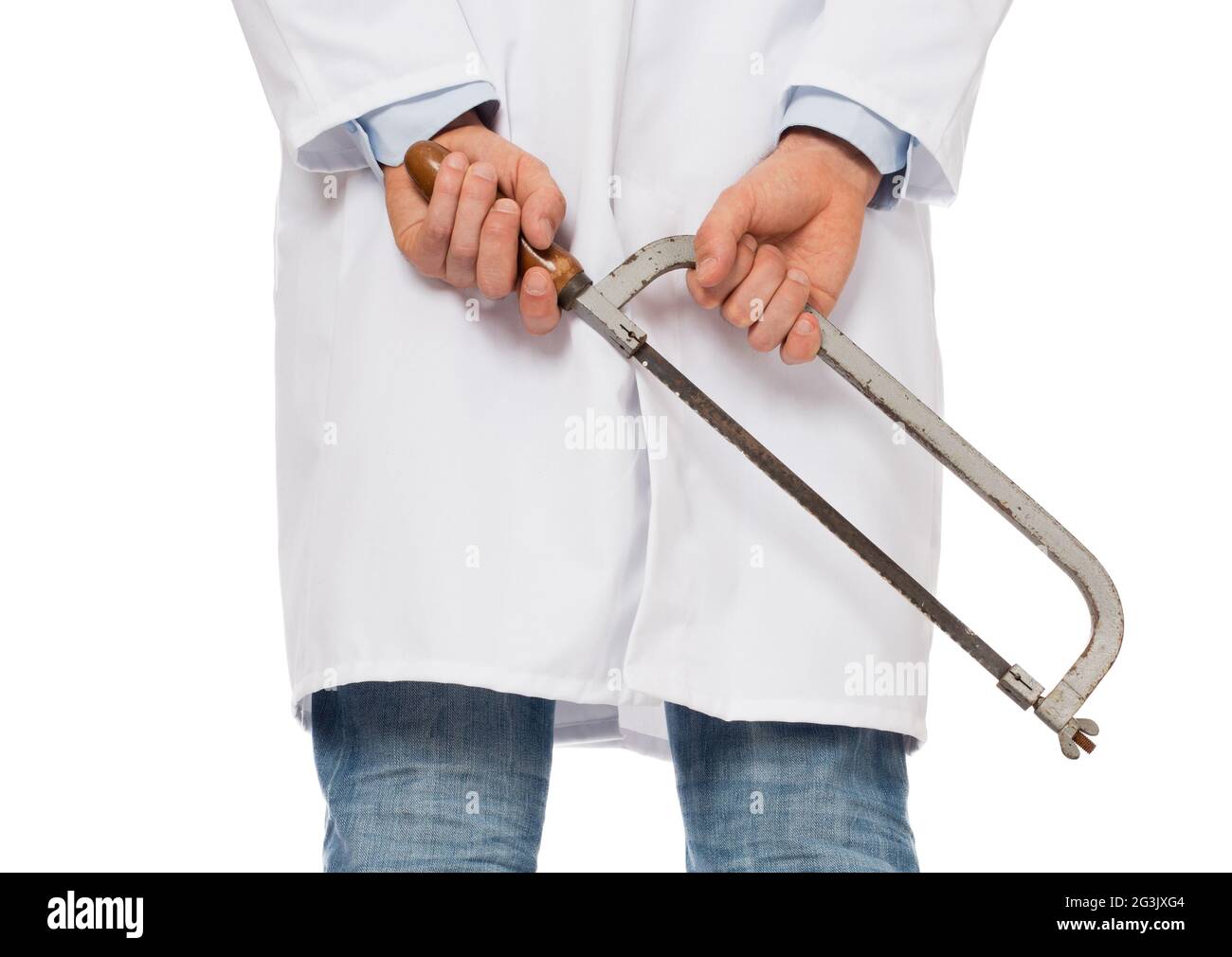 Crazy doctor is holding a big saw in his hands Stock Photo - Alamy