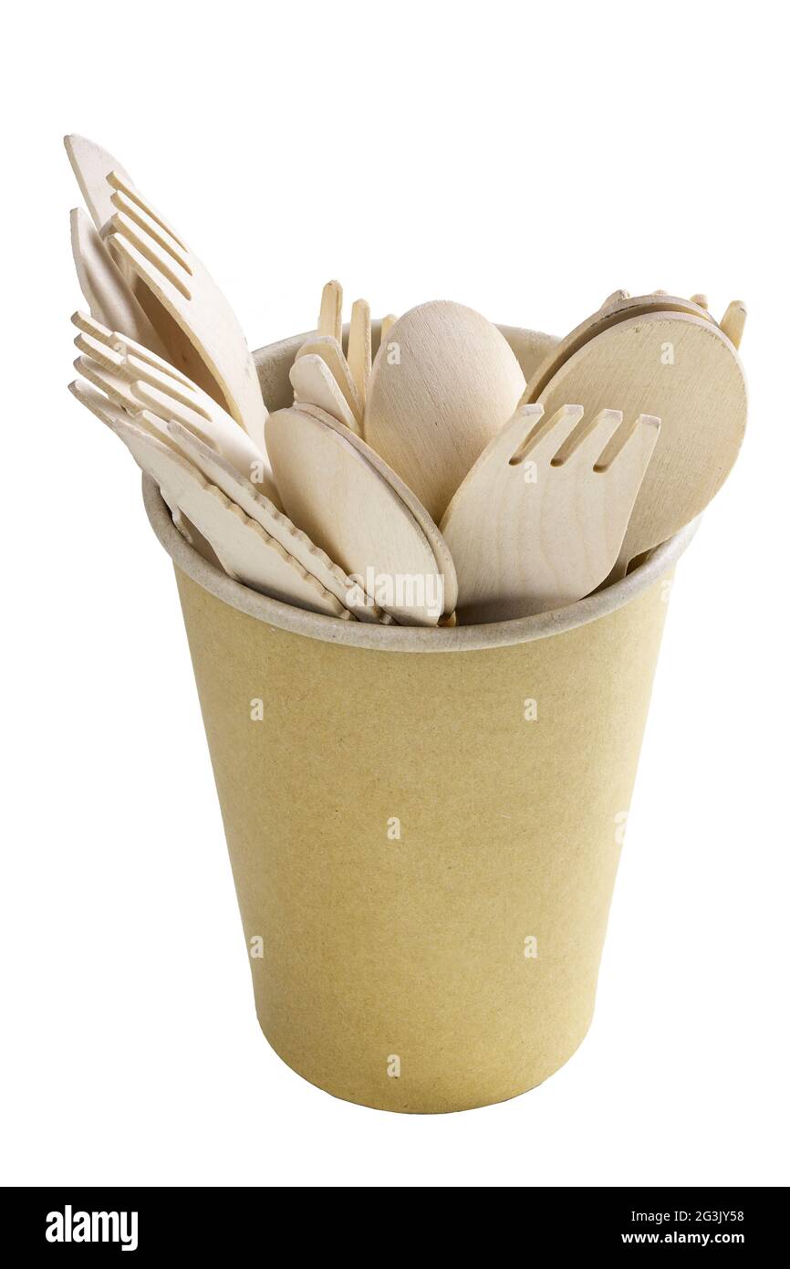Wooden cutlery in a paper cup. Disposable accessories used in fast food ...