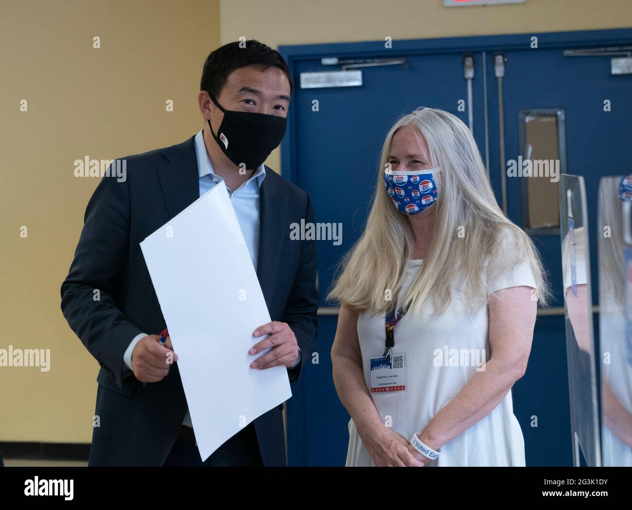 New York, NY - June 16, 2021: Andrew Yang casts his vote early voting ...