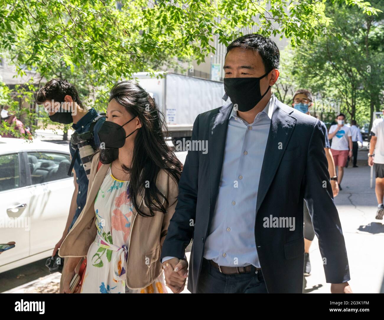 New York, NY - June 16, 2021: Andrew Yang and wife Evelyn Yang leave ...