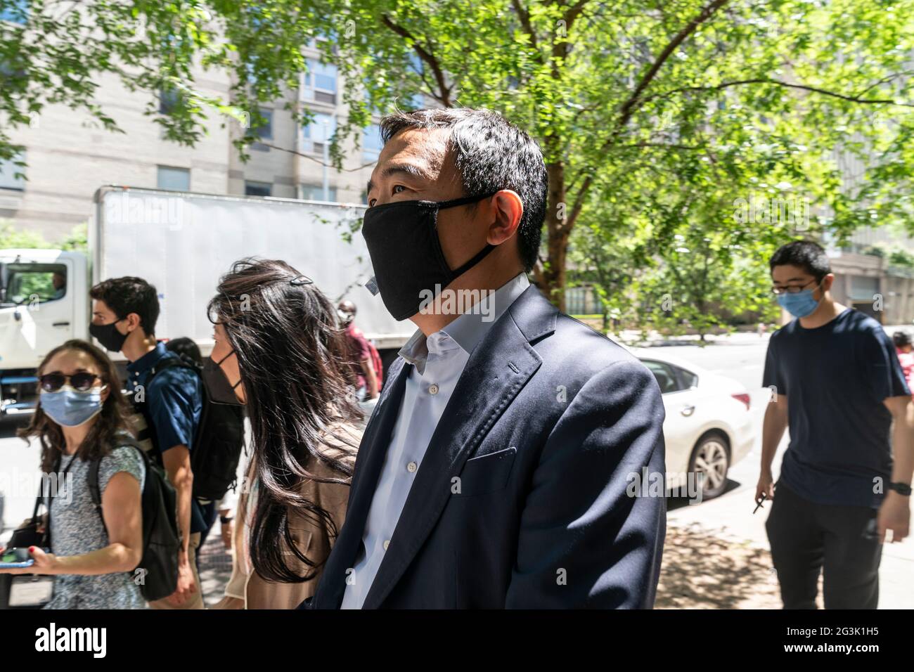 New York, NY - June 16, 2021: Andrew Yang and wife Evelyn Yang leave ...