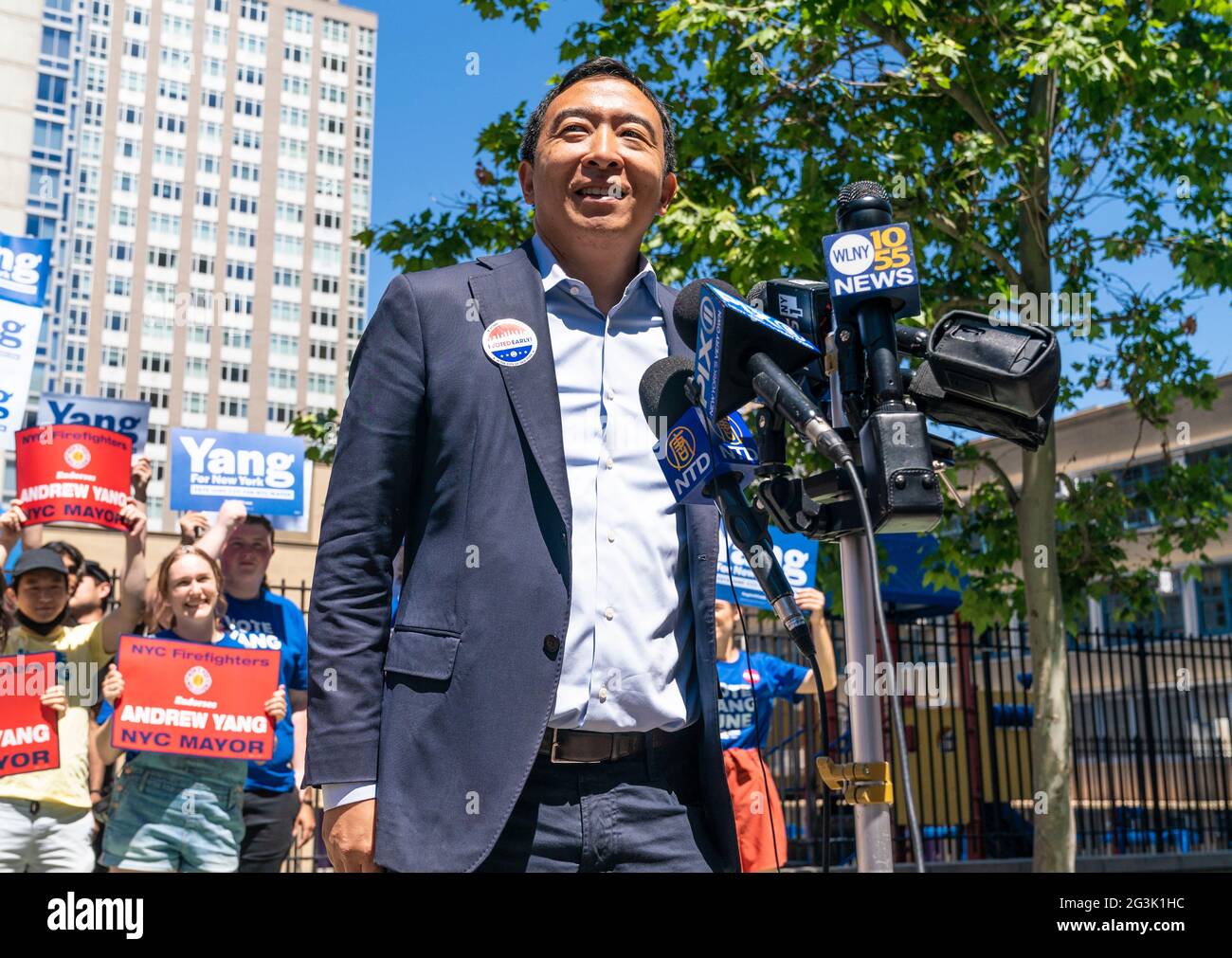 New York, NY - June 16, 2021: Andrew Yang addresses press after early ...