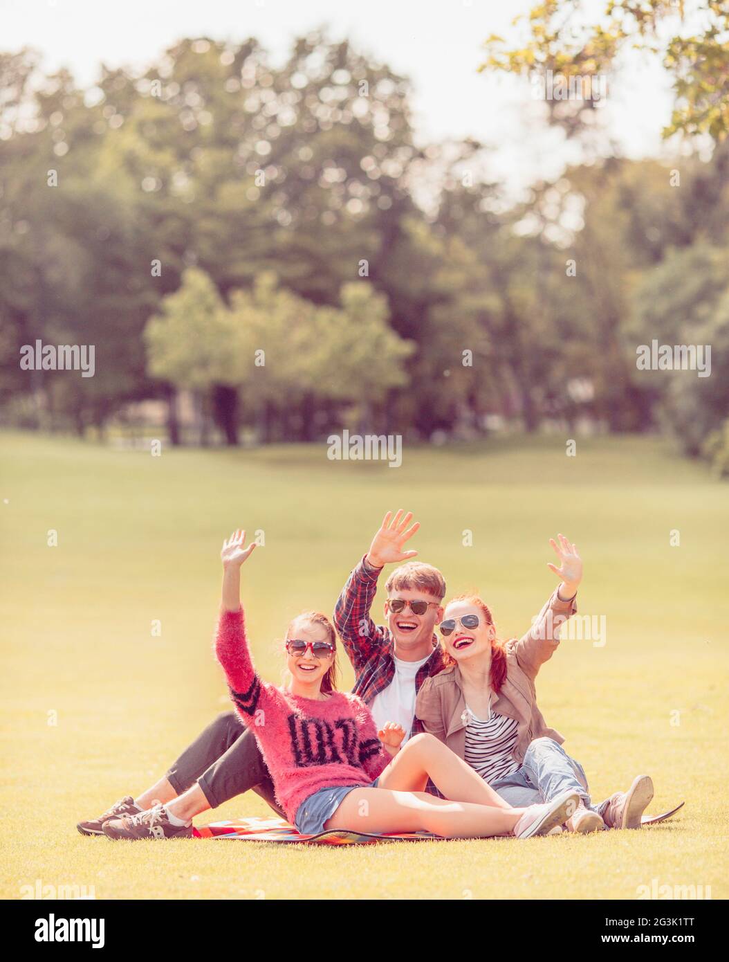 Collage of happy friends waving Stock Photo - Alamy