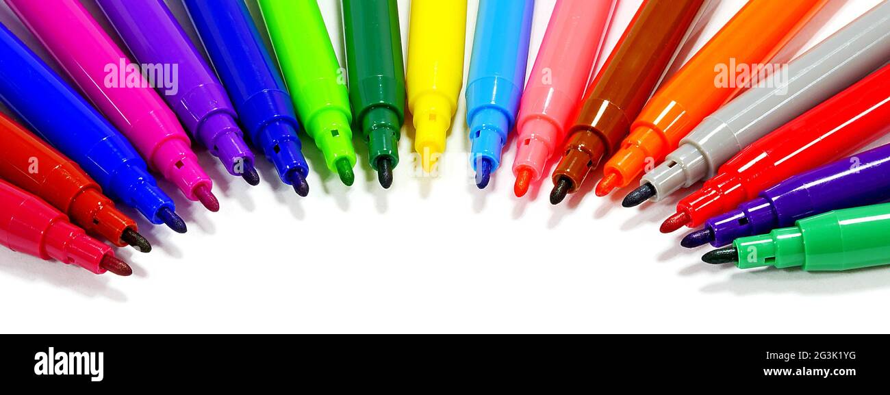 closeup on set of colorful felt pens on white background, suitable for ...