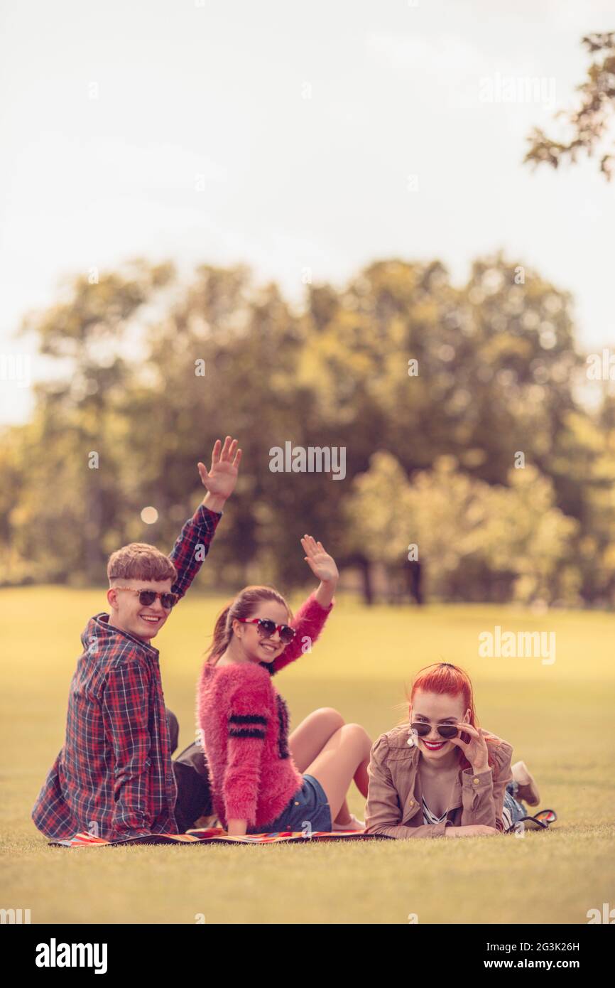 Cheerful woman friends park hi-res stock photography and images - Alamy