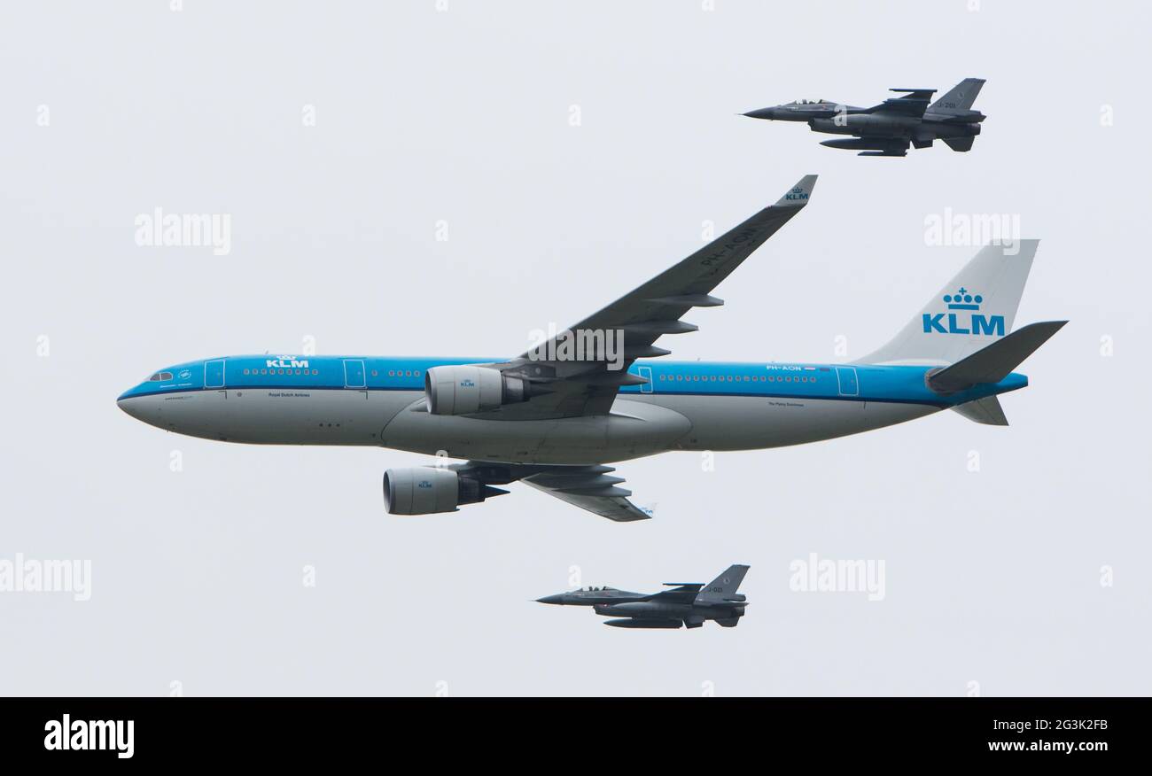 LEEUWARDEN, NETHERLANDS - JUNE 11 2016: Dutch KLM Boeing escorted by ...