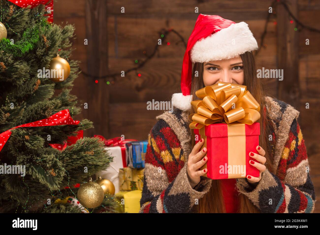 Beautiful girl holding a present near New Year tree Stock Photo - Alamy