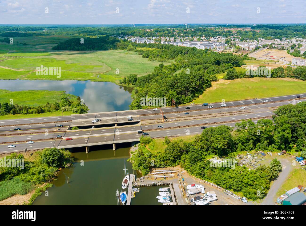 Aerial panorama view on highway traffic of cars driving on freeway ...