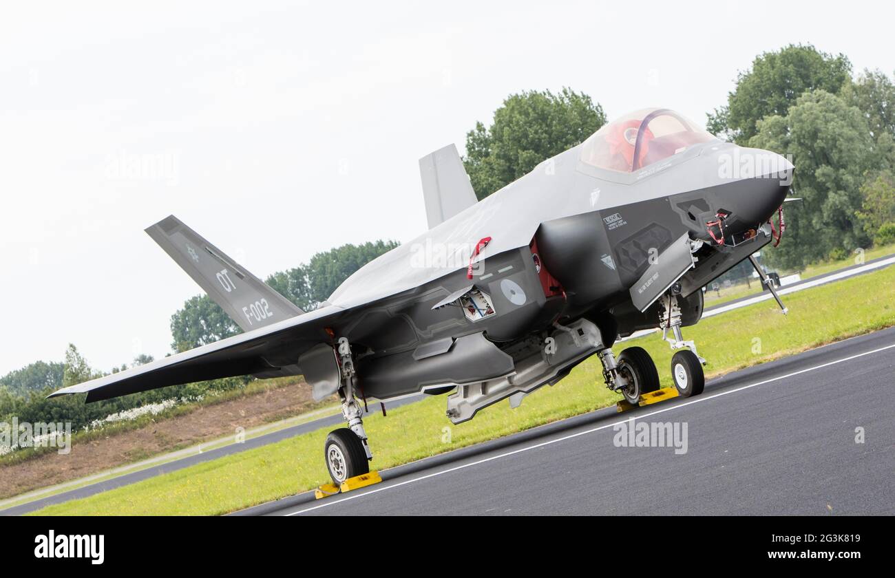 LEEUWARDEN, THE NETHERLANDS - JUNE 10, 2016: Dutch F-35 on the runway ...