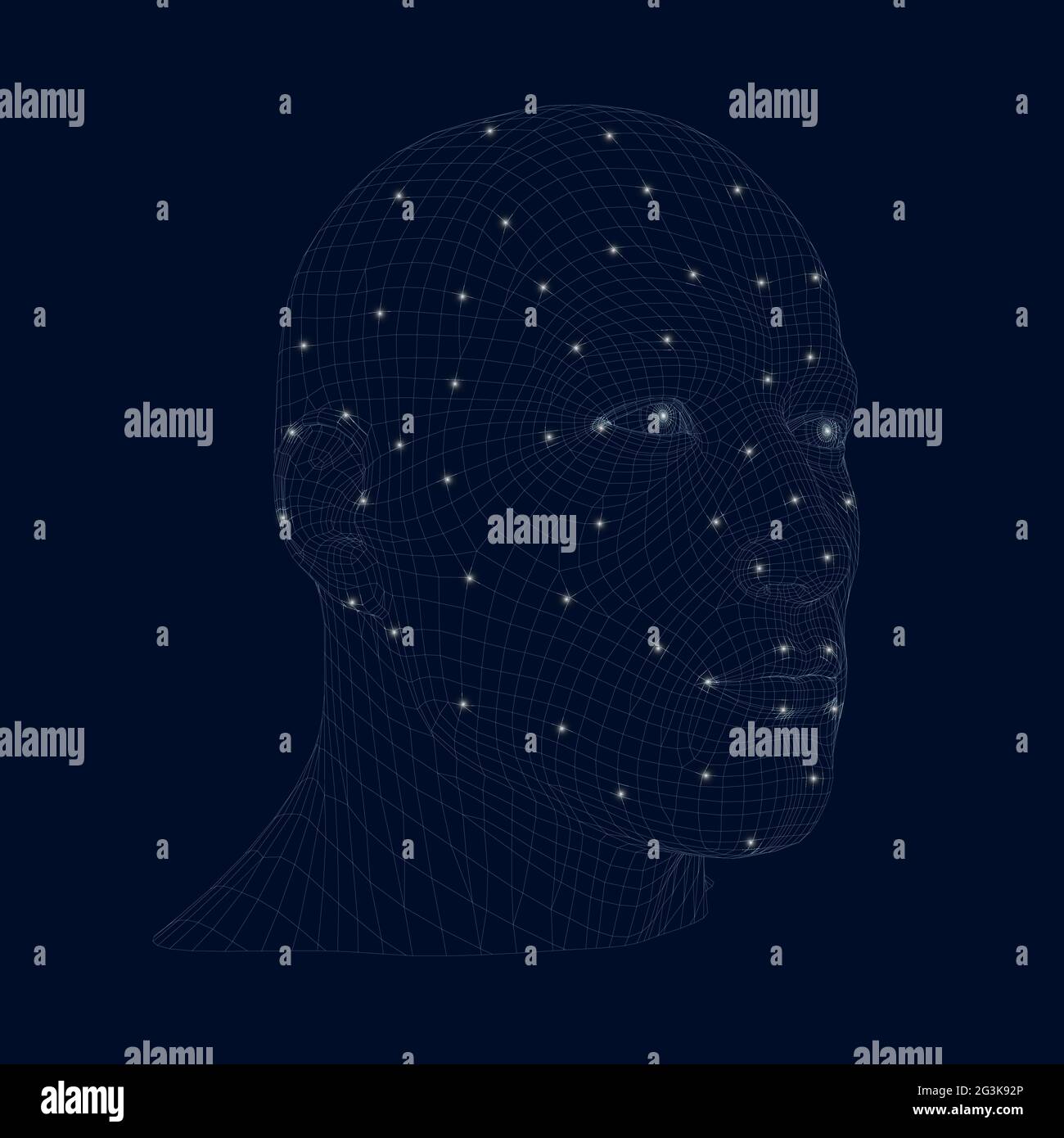Wireframe of a man head made of blue lines on a dark background with ...