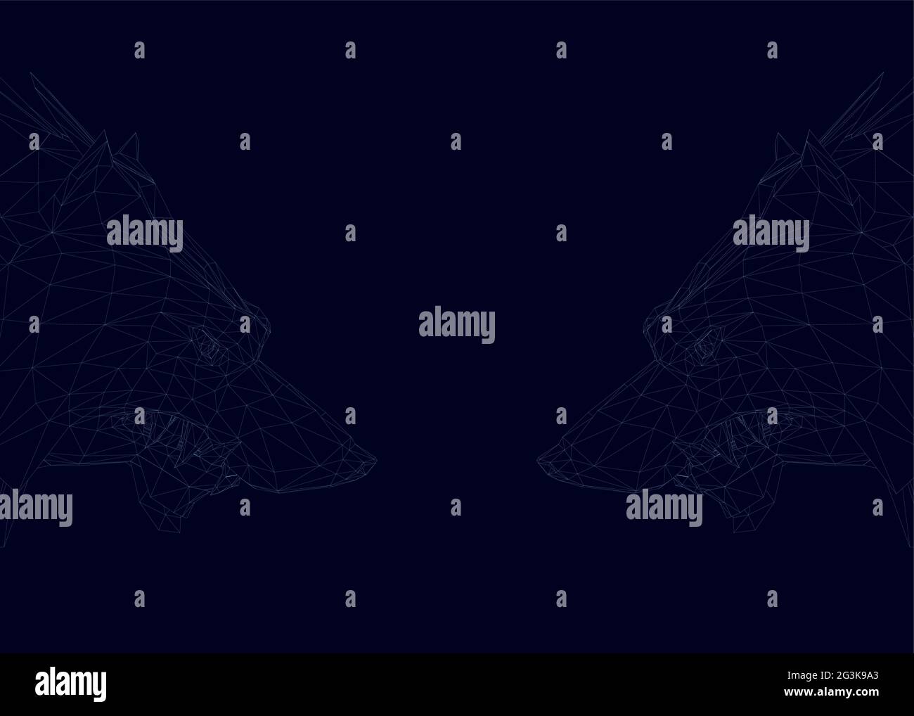 Wireframe of two wolf heads from blue lines on a dark background. 3D ...