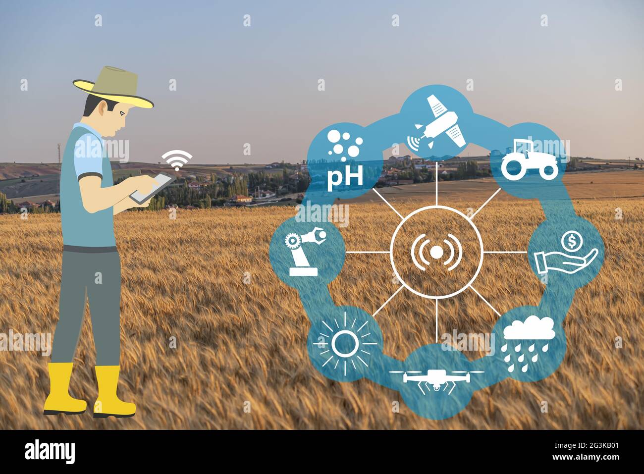 Production with modern farming technologies, a farmer doing ...