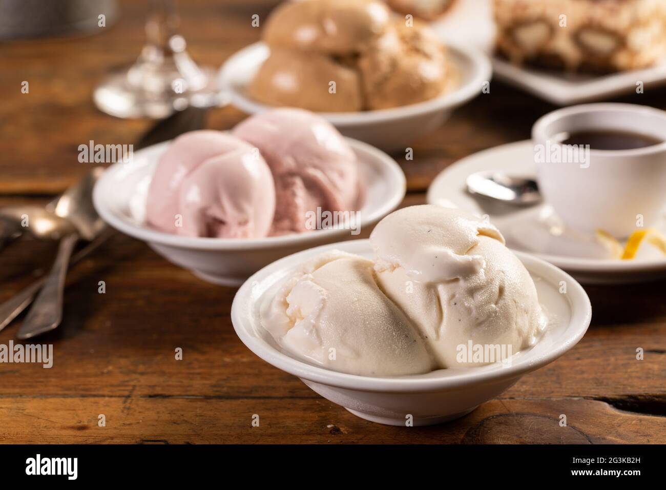 Italian desserts on the table, three kinds of gelato Stock Photo - Alamy