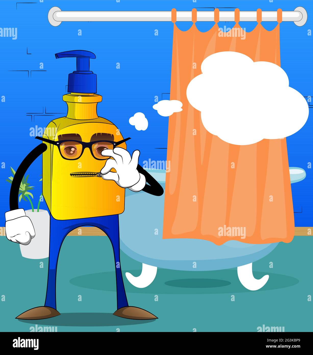 Cartoon bottle of hand sanitizer gel for hygiene with face zipping his ...