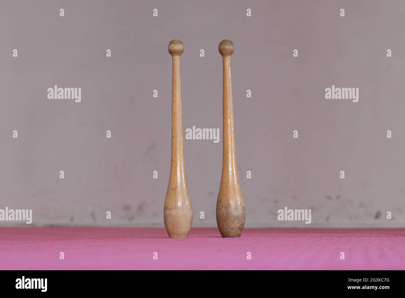 Wooden pins in a gym Stock Photo - Alamy