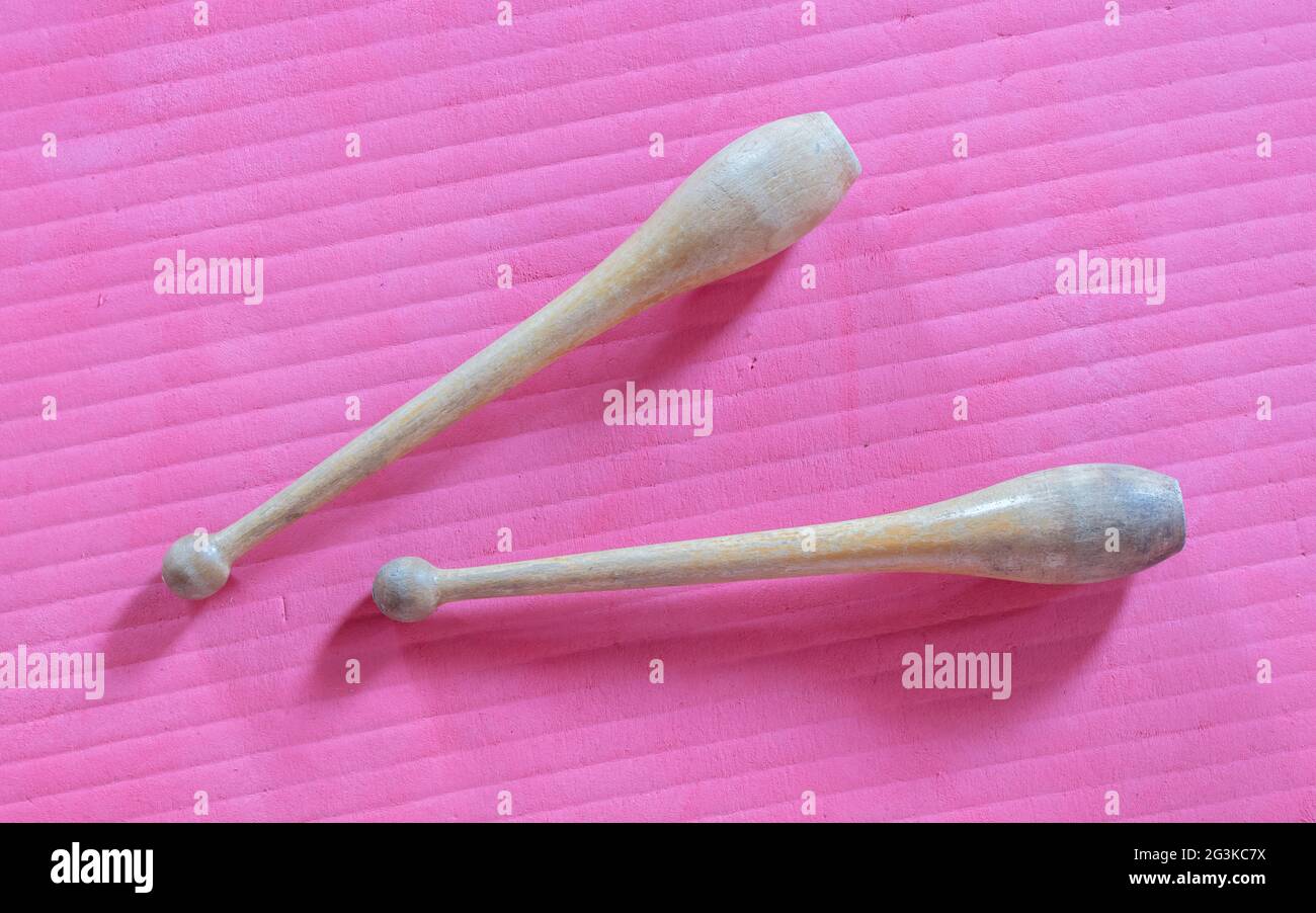 Wooden pins in a gym Stock Photo - Alamy