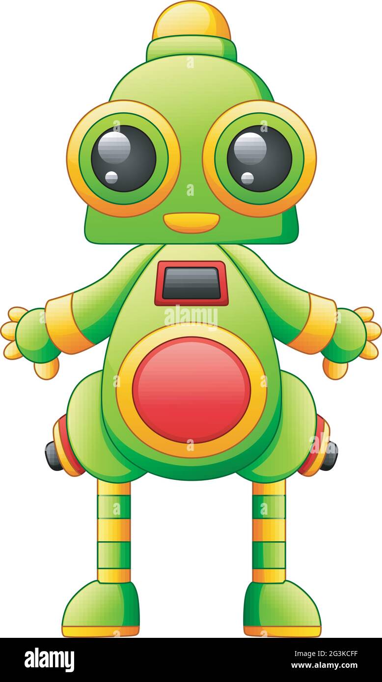 Funny cartoon green robot character isolated on white background Stock ...