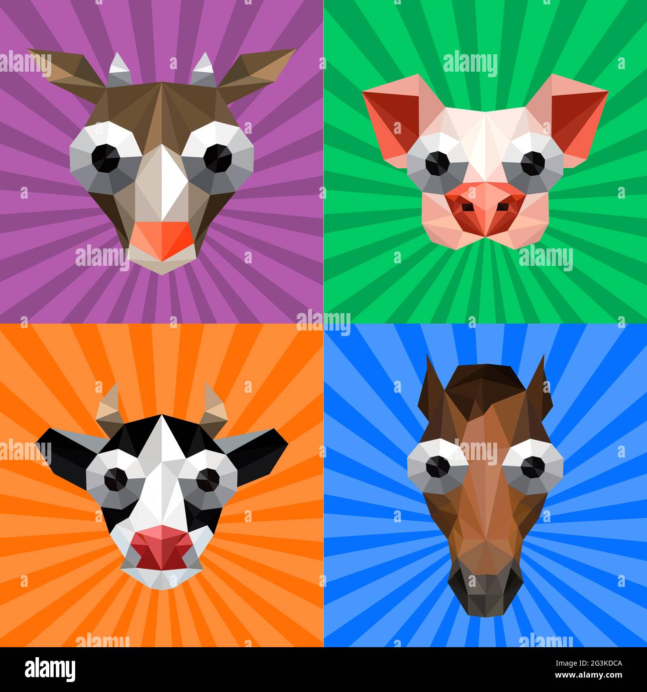 Illustration of funny origami set with farm animals on retro background ...