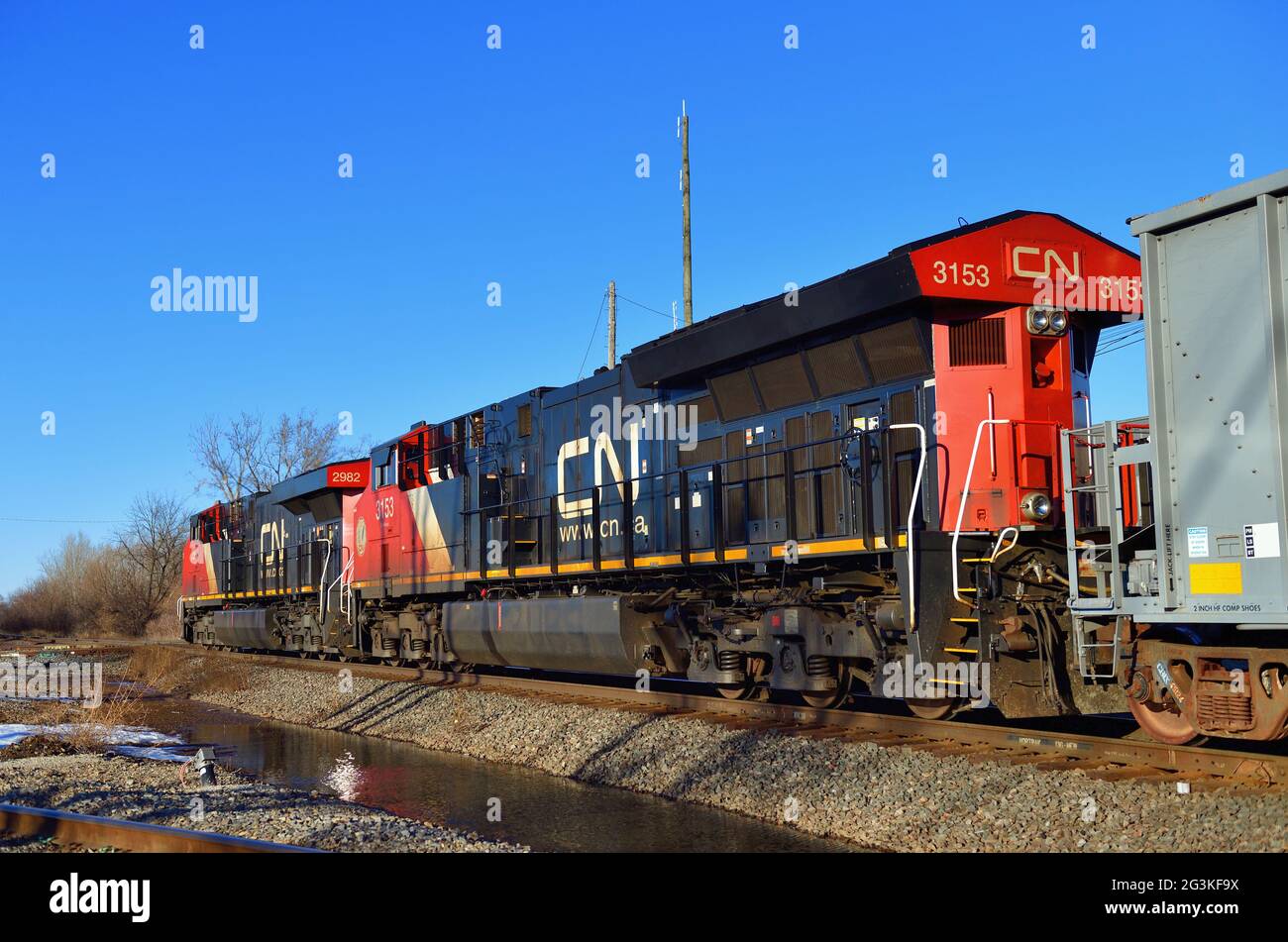 Bartlett, Illinois, USA. Two Canadian National Railway locomotives ...