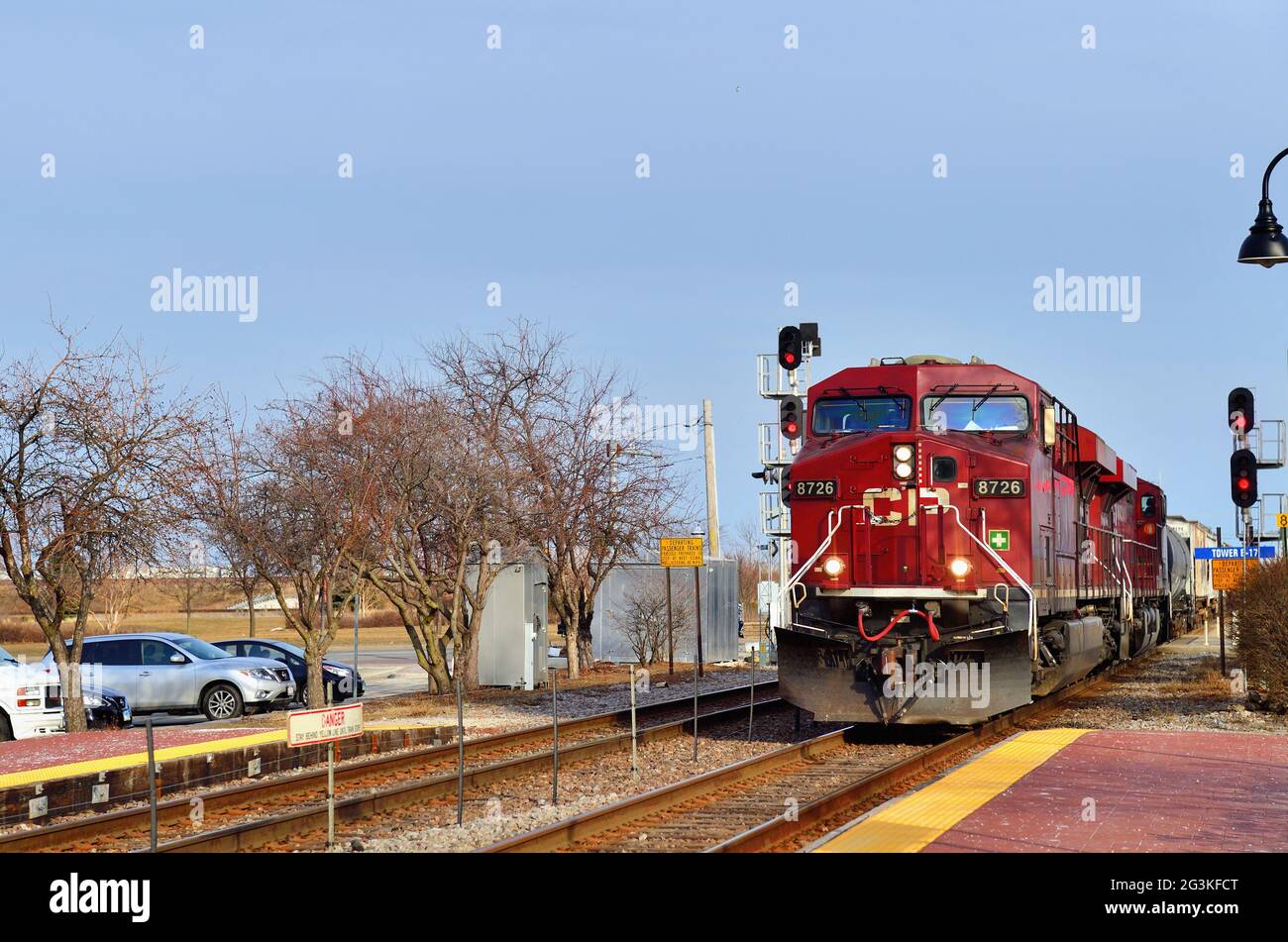 Bensenville, Illinois, USA. Two locomotives lead a Canadian Pacific Railway freight train ...