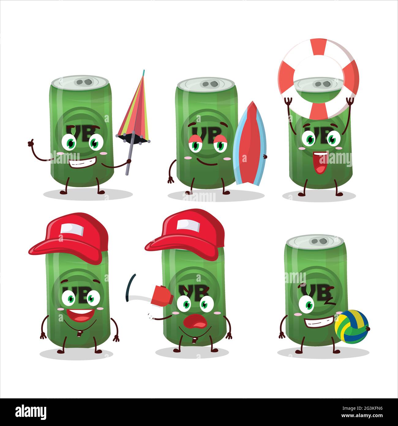 Happy Face beer cans cartoon character playing on a beach. Vector ...