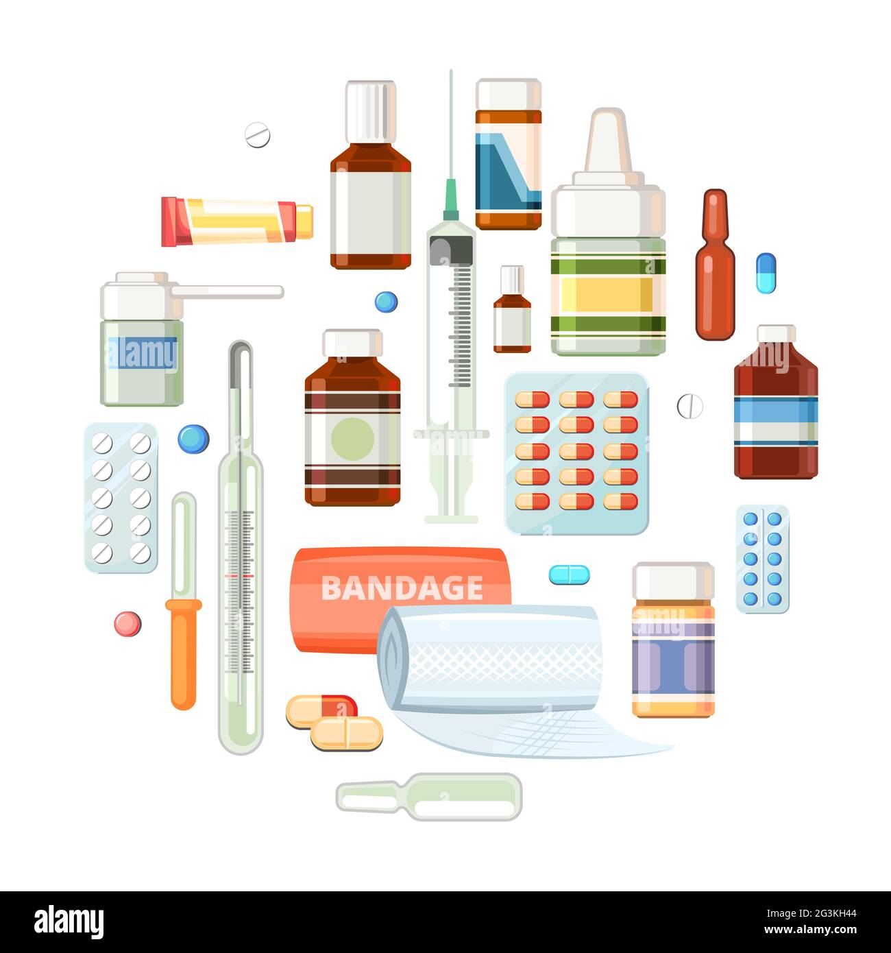 Medicines. Illustration with pills, capsules thermometer syringe ...