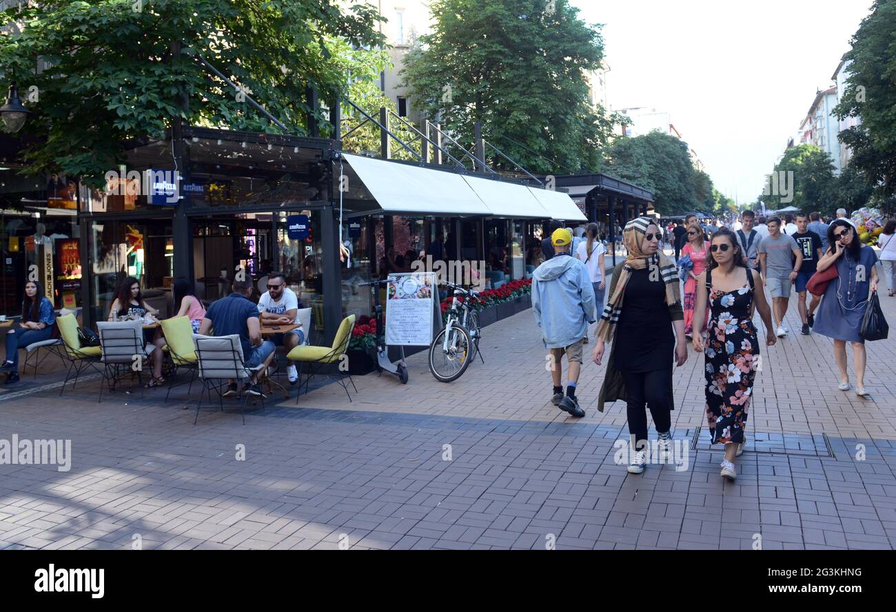 Vitosha Boulevard is a vibrant pedestrian street with many restaurants cafes and shops. Sofia ...