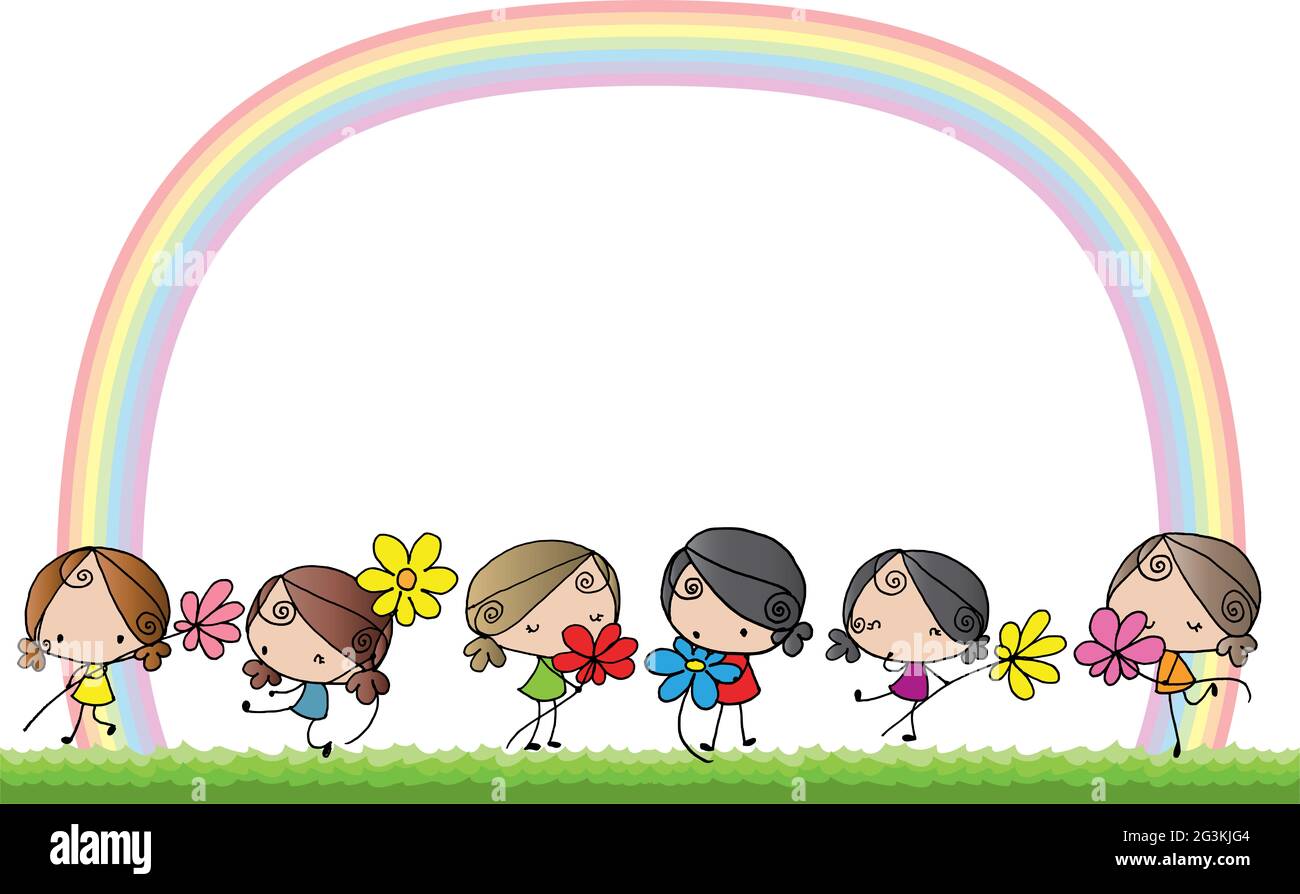 background border card cartoon girls with flowers Stock Photo - Alamy