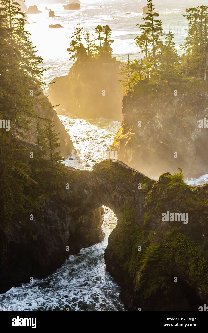 Early sunlight on the sea arch at Natural Bridges in the Samuel H ...