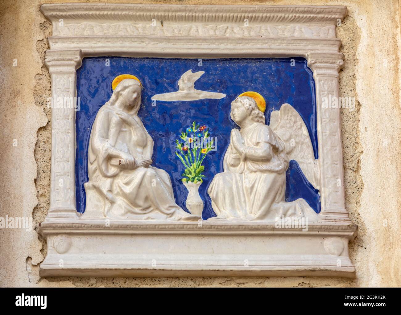 Marble bas-relief depicting the Annunciation on the wall of a house in ...