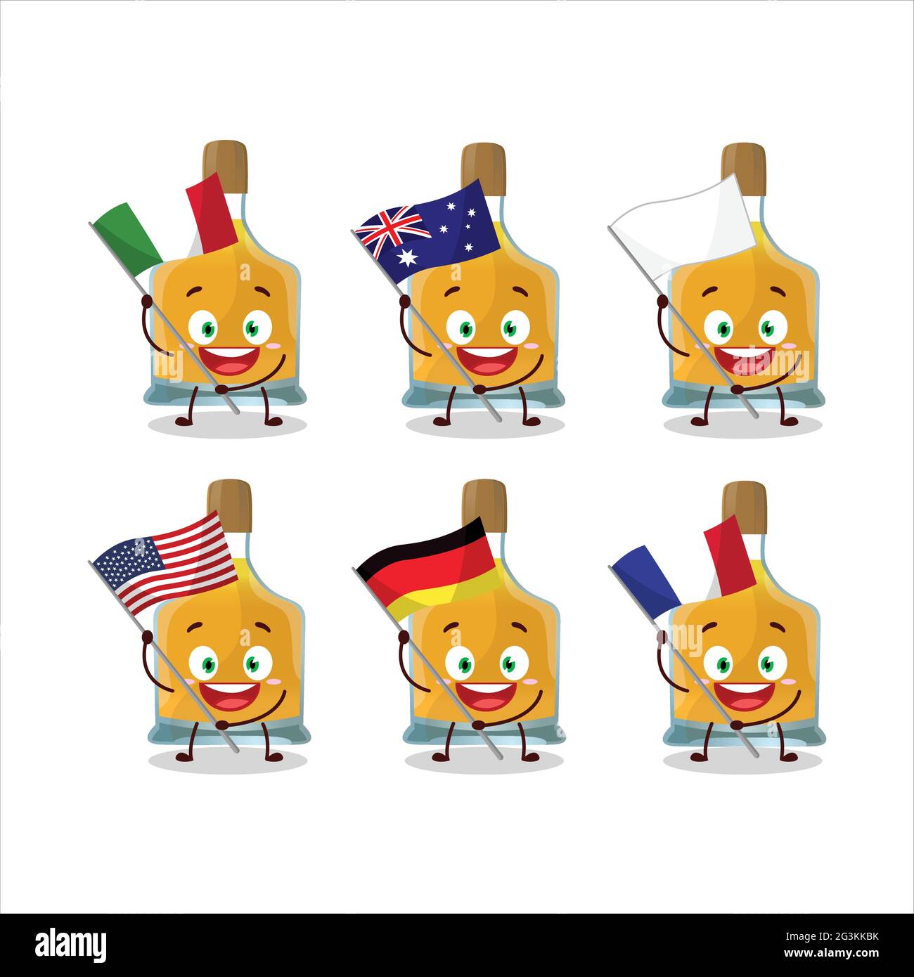 Vodka bottle cartoon character bring the flags of various countries ...